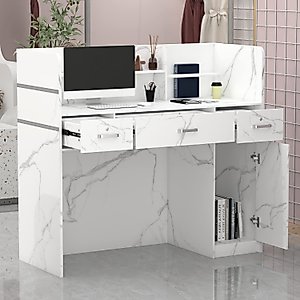 AGOTENI Reception Desk Reception Stations with Open Shelf & Drawers, Wooden Counter Desk with Lockable Drawer for Office Reception Room (Marble White)
