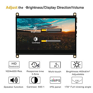 LESOWN New! Touch Screen 7 inch Display IPS 1024x600 HDMI Display, USB Powered Capacitive Touchscreen with Dual Speakers for Raspberry Pi 4 3 Windows AIDA64 Temperature CPU Monitoring