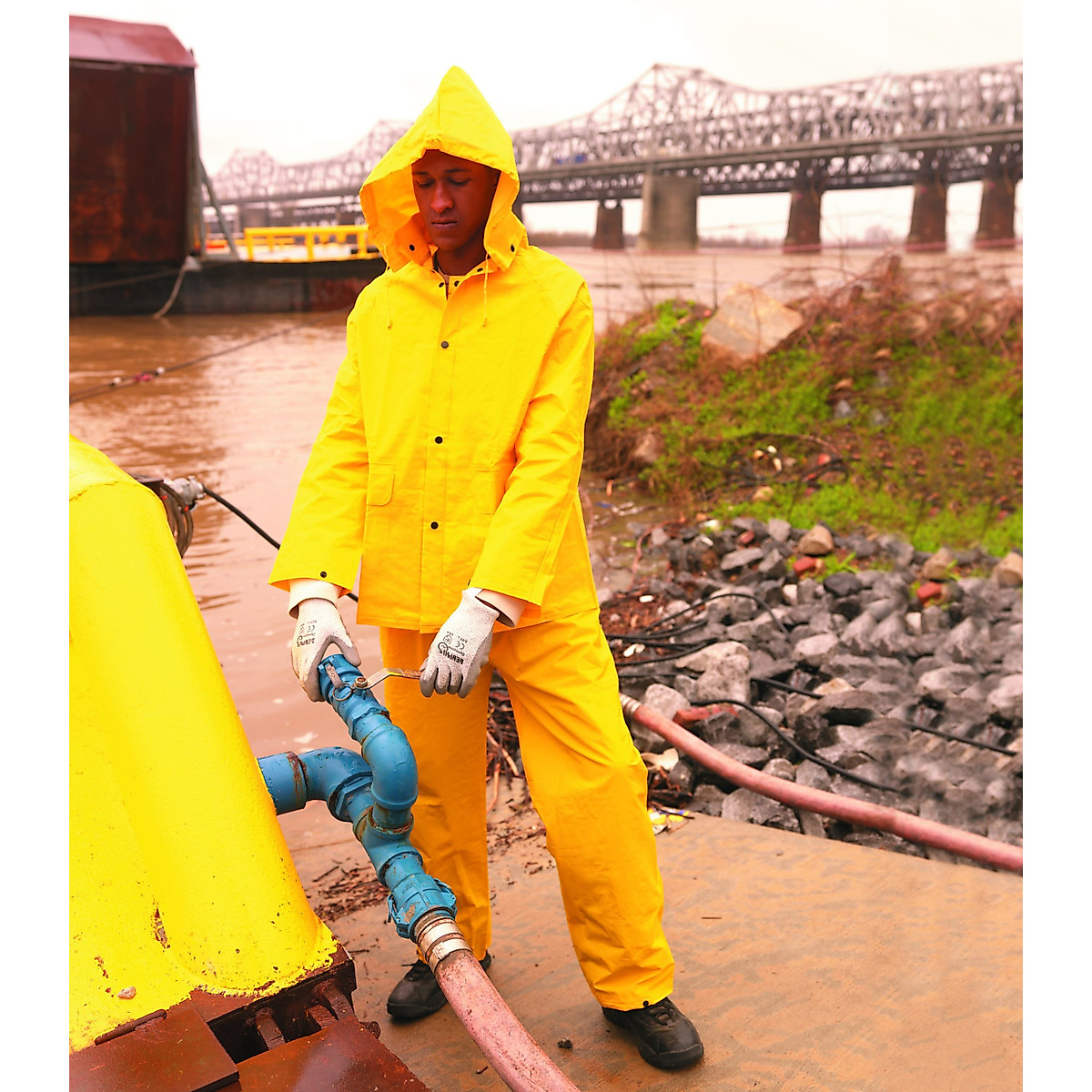 MCR Safety 2003X5 Classic PVC/Polyester 3-Piece Rainsuit with Attached Hood, Yellow, 5X-Large