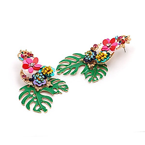Lureme Colorful Segmented Leaf Dangle Earrings, Zinc Alloy, 2.09 in3.54 in5.3 in9.0 cm, Green