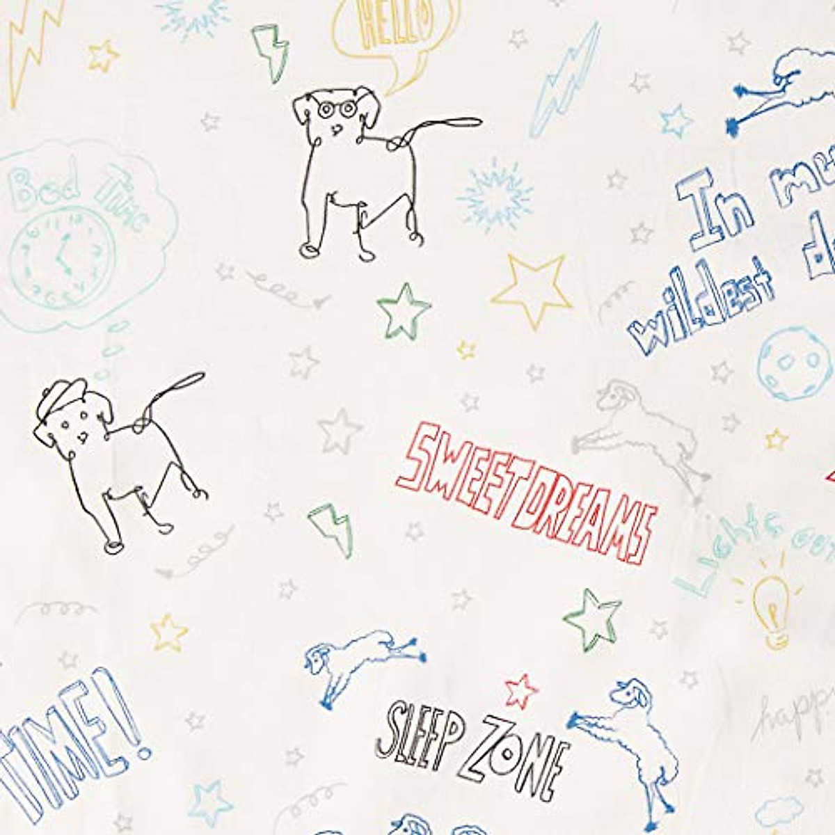 ED Ellen DeGeneres Doodle Dog - 100% Cotton Fitted Crib Sheet, All-Over Doodle Print, Ivory, Royal, Red, Yellow