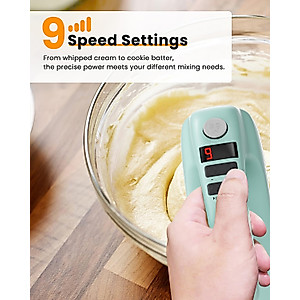 Juimma Hand Mixer Electric Handheld, 9-Speed 400W Kitchen Food Mixer with Digital Display and Touch Button, 5 Min Timer, Storage Case, 6 Stainless Steel Accessories, for Eggs Cream Cake Dough, Mint