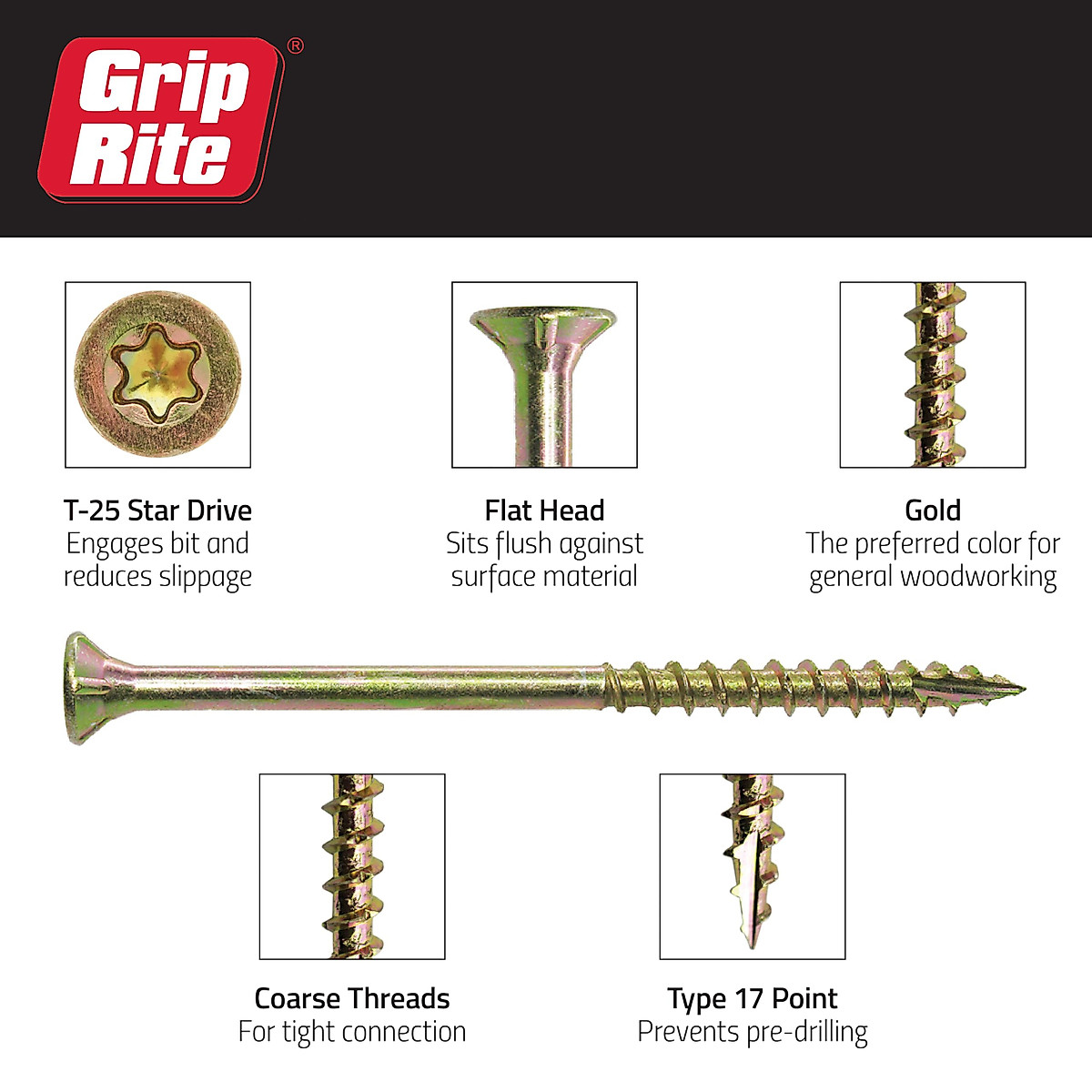 Grip-Rite 158GCS5 #8 x 1-5/8" Star Drive Gold Construction Wood Screw, 5lb Box