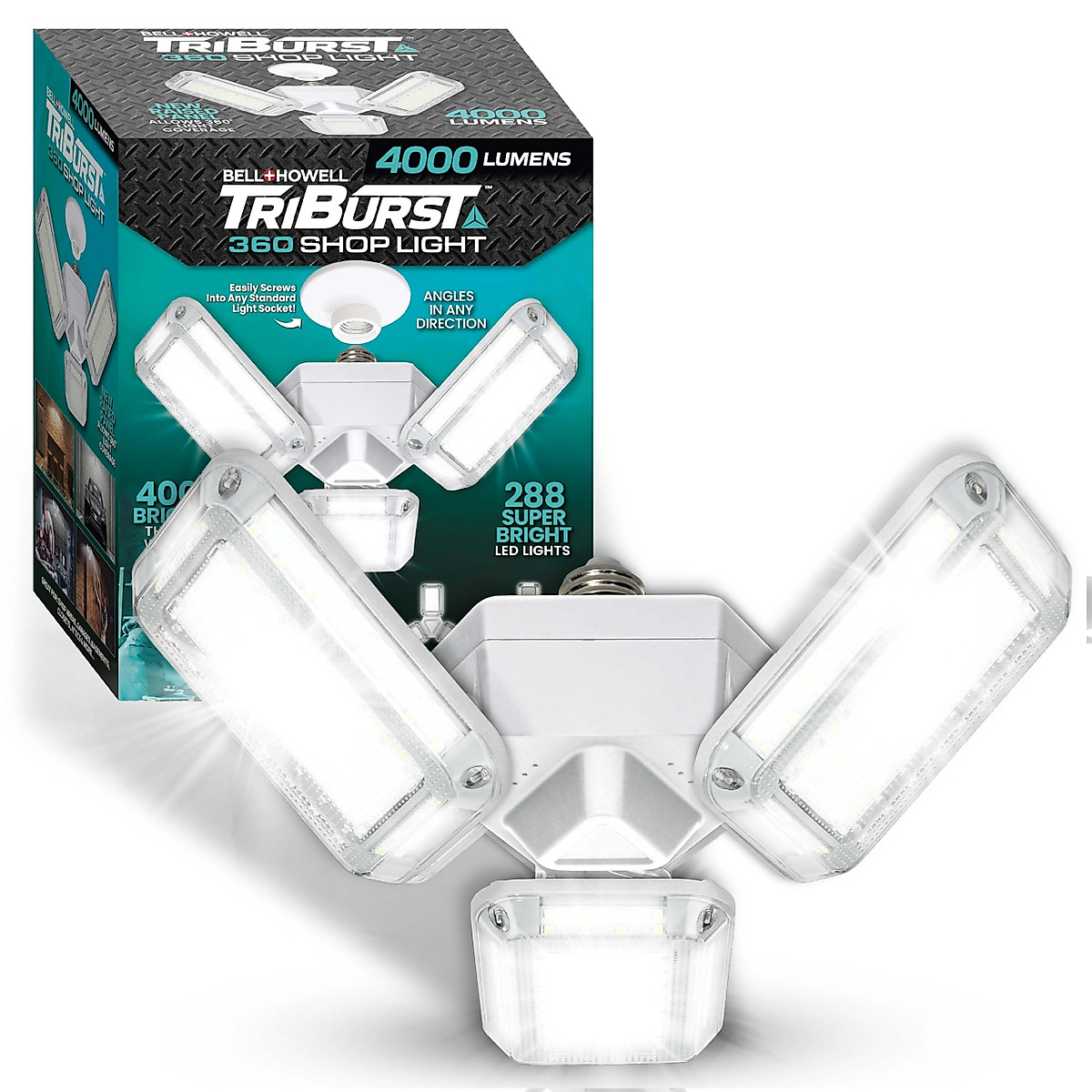 Triburst Shoplight 360 LED Light Bulb, LED Shop Lights, Garage Light Ceiling LED Work Light - 4000 Lumens, 3 Brightness Modes, Adjustable Triple Panel for Indoor, Bedroom, Living Room As Seen On TV