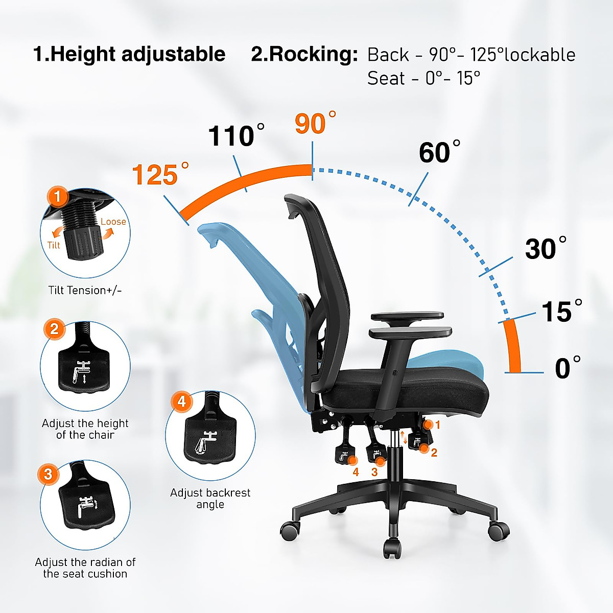 Sophia & William Ergonomic Rocking Mesh Office Desk Chair High Back, Modern 360° Swivel Executive Computer Chair with Height Adjustable Armrests, Lumbar Support, Black
