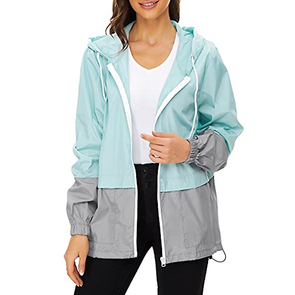 Century Star Plus Size Rain Jackets for Women Waterproof Windbreaker Lightweight Packable Rain Coats with Hood Mint Green Grey 3X-Large