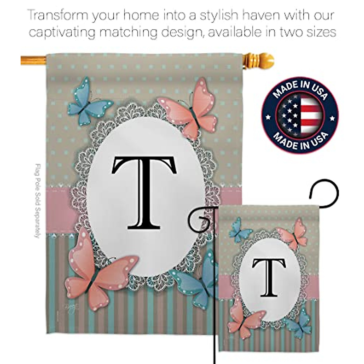 Breeze Decor T Initial Garden Flag Set Wall Hanger Monogram Friends Bugs & Frogs Butterfly Ladybugs Dragonfly Bee Springtime Insect Natural Wildlife House Yard Gift Double-Sided, Made in USA