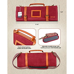 DEQIS Knife Roll Chef Waxed Canvas Bag Storage 13 Slots and 1 Large Zipper Pocket Carry Shoulder Strap Handle and Name Card Professional Folding Cooking Tools Case Organizer,Knives Not Included,Red