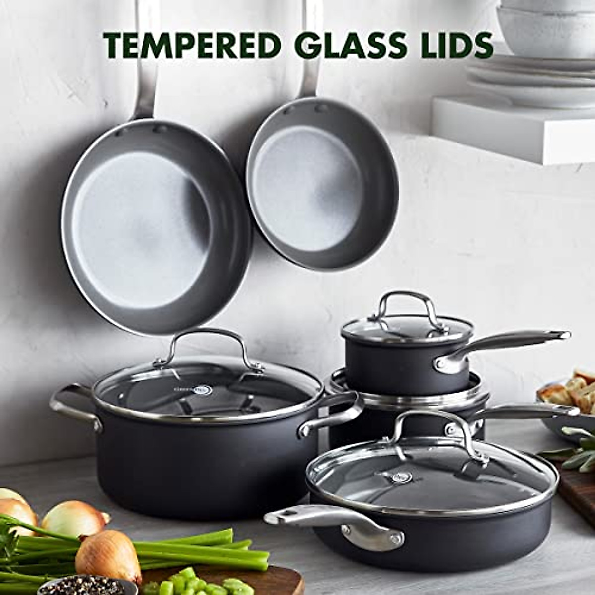 GreenPan Chatham Hard Anodized Healthy Ceramic Nonstick 10 Piece Cookware Pots and Pans Set, Gray & Chatham Hard Anodized Healthy Ceramic Nonstick, 3QT Saucepan Pot, Gray