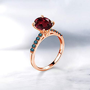 Gem Stone King 2.33 Ct Oval Red Rhodolite Garnet Blue Diamond 10K Rose Gold Ring (Size 8)