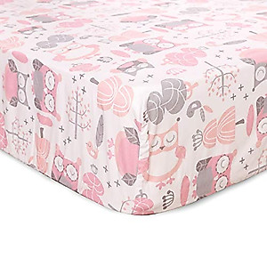 Levtex Baby - Night Owl Pink Crib Bed Set - Baby Nursery Set - Pink, Grey, White - Owls in a Tree - 5 Piece Set Includes Quilt, Fitted Sheet, Diaper Stacker, Wall Decal & Crib Skirt/Dust Ruffle