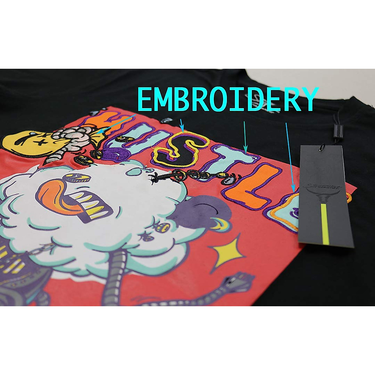 SCREENSHOTBRAND-S11024 Mens Hip-Hop Premium Hipster Tee Hustle Tongue Cartoon Character Print T-Shirt-Black-Small