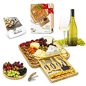 Morvat Bamboo Wood Cheese & Cracker Board Set, Charcuterie Cutting Tray, Serving Gift for Wedding Housewarming Birthday & Holidays, Includes Round Platter & Fully Stainless Steel Cutlery & Corkscrew