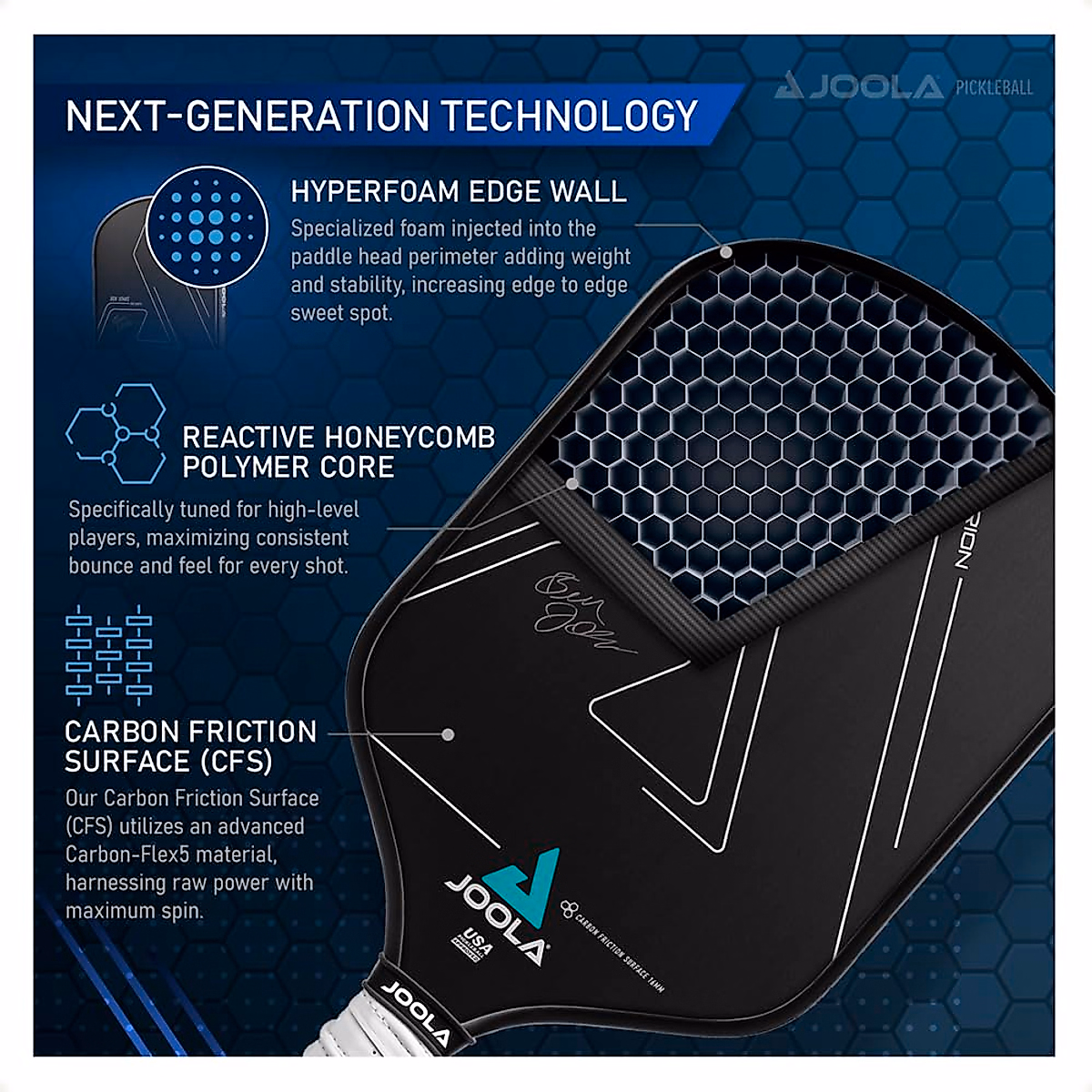 JOOLA Ben Johns Hyperion CFS Pickleball Paddle - Carbon Surface with High Grit & Spin, Elongated Handle, USAPA Approved Ben Johns Paddle