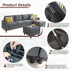 FOMNEY Sectional Couches for Living Room, LED Modular Sectional Sofa with Charging Station, 6 Seats U Shaped Couch with Storage, Ottomans, 6 Pieces Set Sectional Couch Grey Sofa Couch