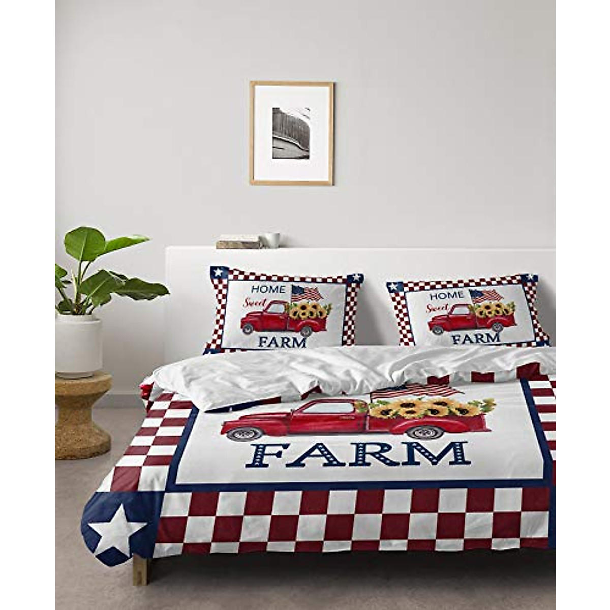 Independence Day Duvet Cover Set Cali King,4 Pieces Farm Home Red Truck Sunflowers USA Flag Bed Sheet Sets Soft Comforter Cover with Flat Sheet 2 Pillow Shams for Man/Woman Checker Plaid