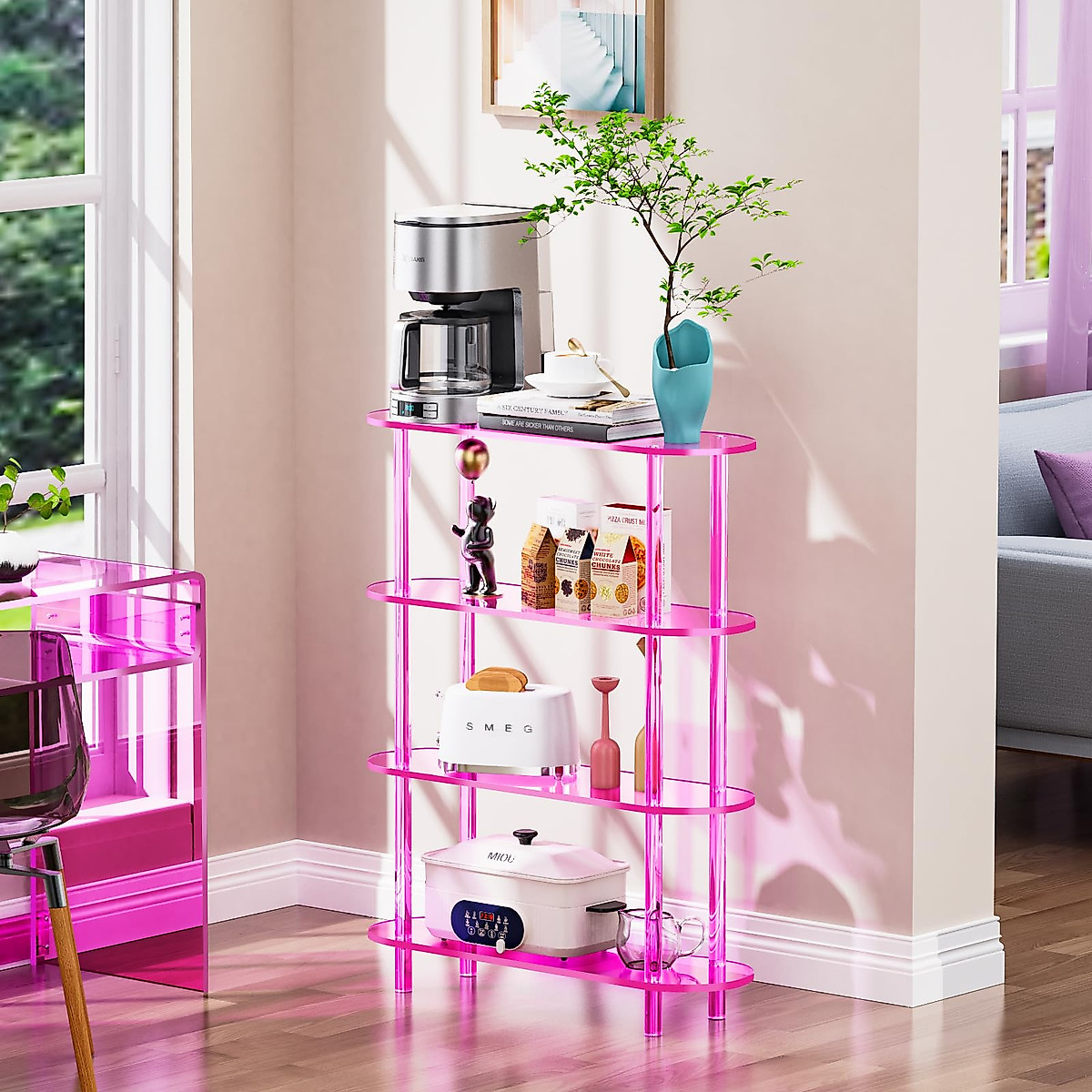 solaround Clear Bookshelf, Acrylic Bookcase with Open Book Shelf Console Table for Entryway Office (4 Tier Pink)