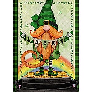 Covido Home Decorative St. Patrick's Day Gnome Garden Flag, Lucky Pot Gold Coins Shamrock Clover Yard Outside Decorations, Irish Luck Outdoor Small Decor Double Sided 12x18