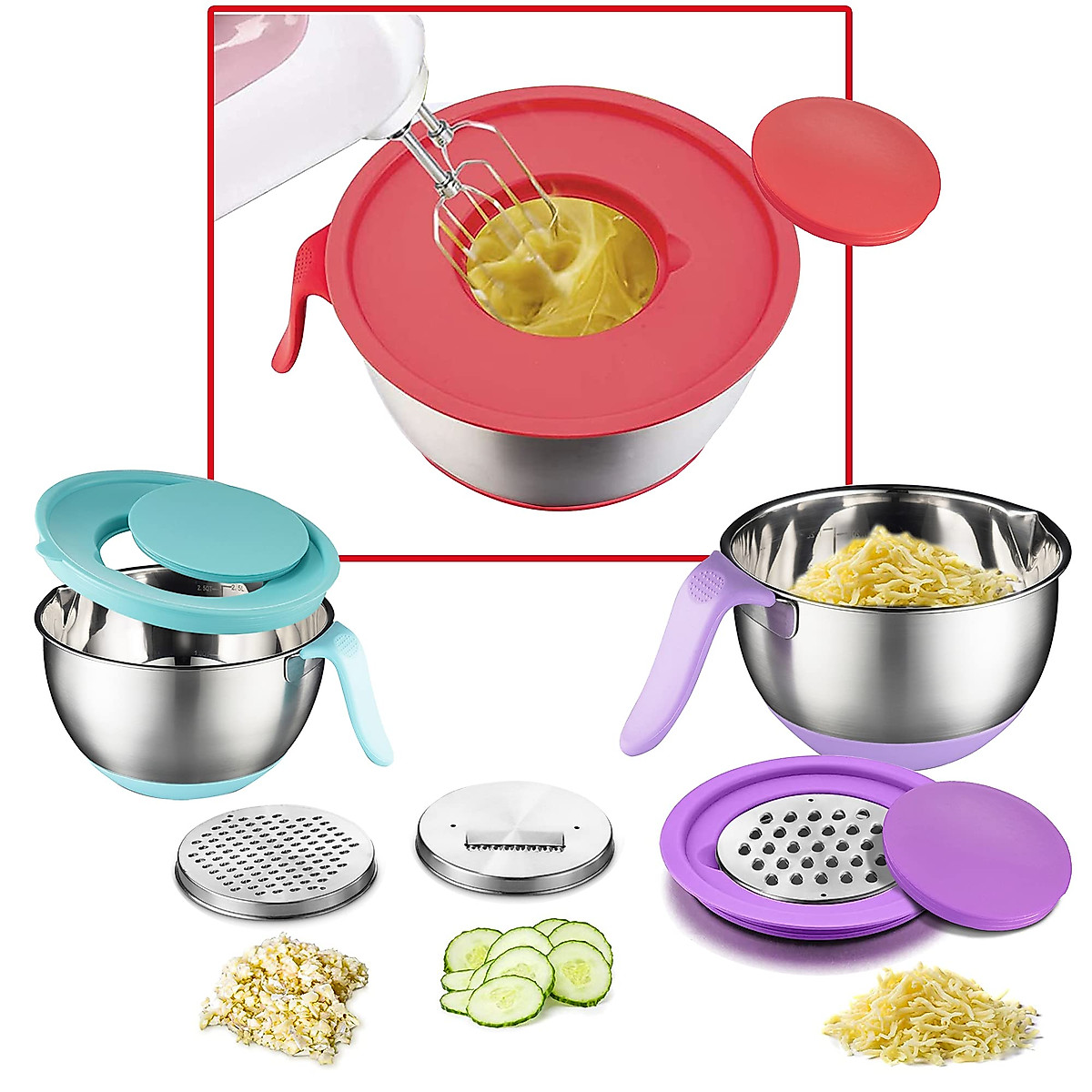 Stainless Steel Mixing Bowls with Lids (Set of 3) - Features Long Handles, Pour Spout, Non Slip Colorful Silicone Bottom, 3 Graters, & Measurement Marks. Ideal for Baking, Serving, Food & Salad Prep.