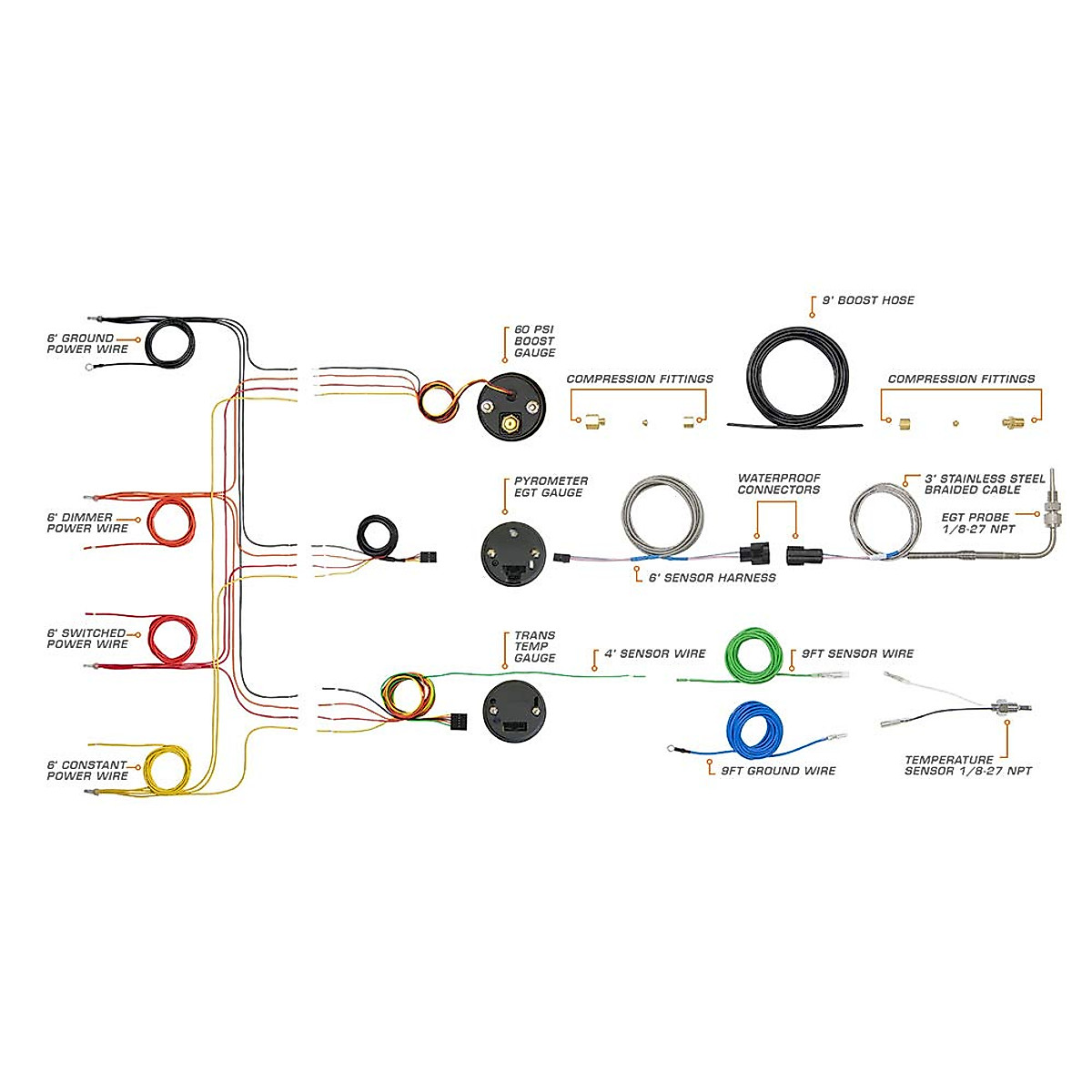 GlowShift Diesel Gauge Package Compatible with Ford Super Duty F-250 F-350 6.0L 7.3L Power Stroke 1999-2007 - Tinted 7 Color 60 PSI Boost, 1500F EGT & Transmission Temp Gauges - Gray Triple Pillar Pod