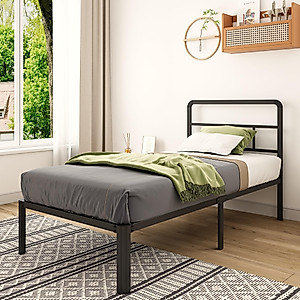 Riwanca 14 Inch Twin Size Bed Frames with Headboard, Heavy Duty Metal Platform Bed Frame Rounded Corners, No Box Spring Needed Mattress Foundation, Noise Free, Black