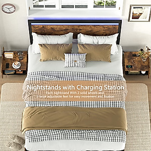 Meitewei Queen Bed Frame with 4 Storage Drawers and 2 Nightstands, Bed Frame with LED Headboard and Charging Station, Metal Platform Bed Frame, No Box Spring Needed, Vintage Brown