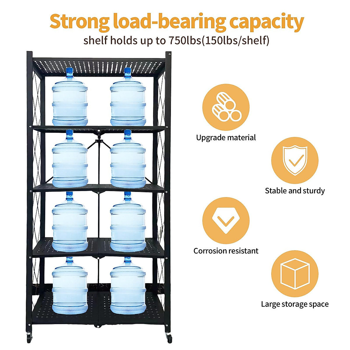 ExGizmo Storage Shelves,5-Shelf Foldable Metal Garage Shelveing with 4 Wheels,Large Capacity Shelving Unit,No Assembly Organizer Rack,Movable Storage Rack for Room,Kitchen,Grocery Room (Black)