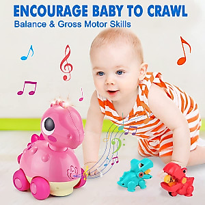 Dreampark Baby Toys 18 Months - Infant Toys 18 Months Baby Crawling Toys 2 Year Old Girl Gifts Touch & Go Musical Light Dinosaur Toy Baby Gifts for 18-24 Months Girls Boys Babies Toddlers Age 2