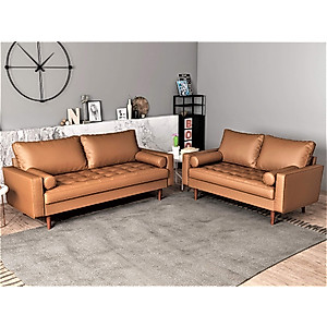 Container Furniture Direct Womble Mid Century Modern Couch with Bolster Pillows, PU Leather Upholstered Tufted Seat, Versatile Retro Design for Comfortable Living Spaces, Loveseat, Coffee Brown