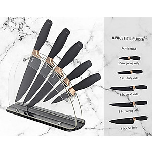 S & Co. 6 Pcs Kitchen Knife Set with Acrylic Block - Super-Sharp Steel Knives with Non-Stick Coating - Chef, Bread, Carving, Utility, Paring Knives - Stylish Cooking Tools with Black, Rose Gold Handle