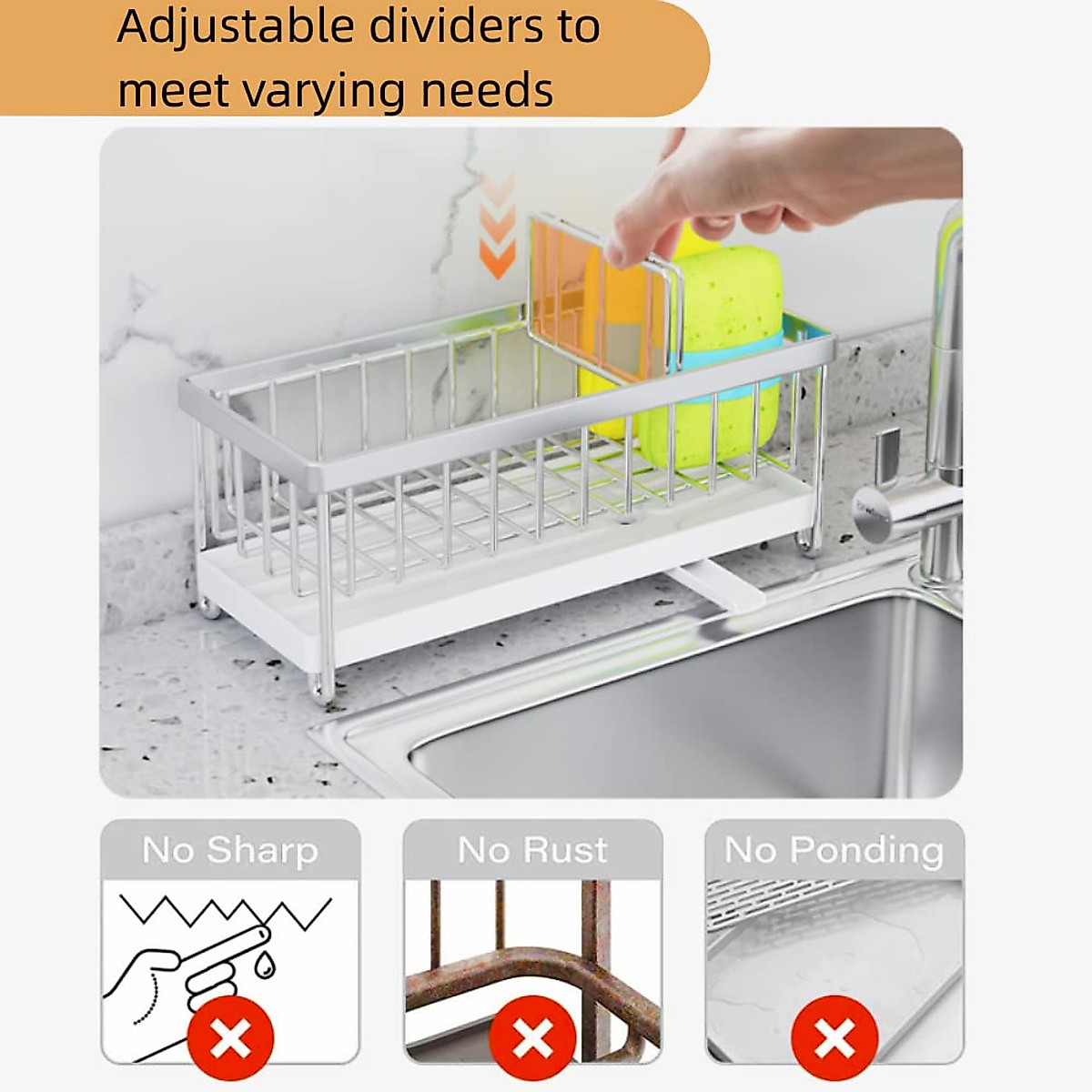 DMJWAN Kitchen Sink Caddy Sponge Holder Sink Caddy Organizer, 304 Stainless Steel Holder for Sink,Countertop with Removable Drain Tray with Diversion Drainage