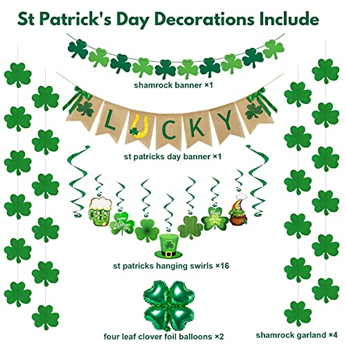 Amandir 38PCS St. Patrick's Day Decorations Set, 2 Lucky Shamrock Banners, 4 String of Shamrocks Garland, 16 St. Patrick's Hanging Swirls with Cutouts, Pre-assembled for Lucky Day Home Party Supplies