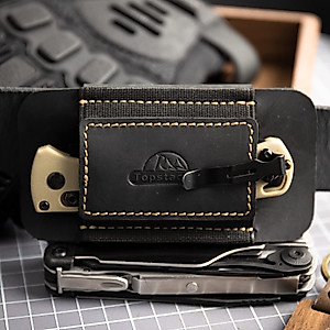 Topstache Horizontal Carry Leather Sheath for Belt, Natural Leather with Elastic Band EDC Knife Holster, Everyday Carry Pocket Organizer,Black