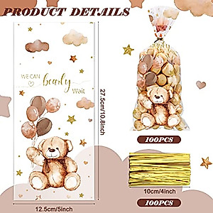 Maitys 100 Pieces Bear Treats Bags Baby Shower Party Treats Cellophane Bags Plastic Goodie Candy Bags with 100 Gold Twist Ties Back to School Baby Shower Bags for Boys Baby Shower Favors(Cute Style)