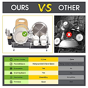 TOOLF Expandable Dish Drainer Rack, Adjustable 304 Stainless Steel Dish Rack, Foldable Dish Drying Rack with Removable Cutlery Holder Swivel Drainage Spout, Anti-Rust Plate Rack for Kitchen, 1 Piece