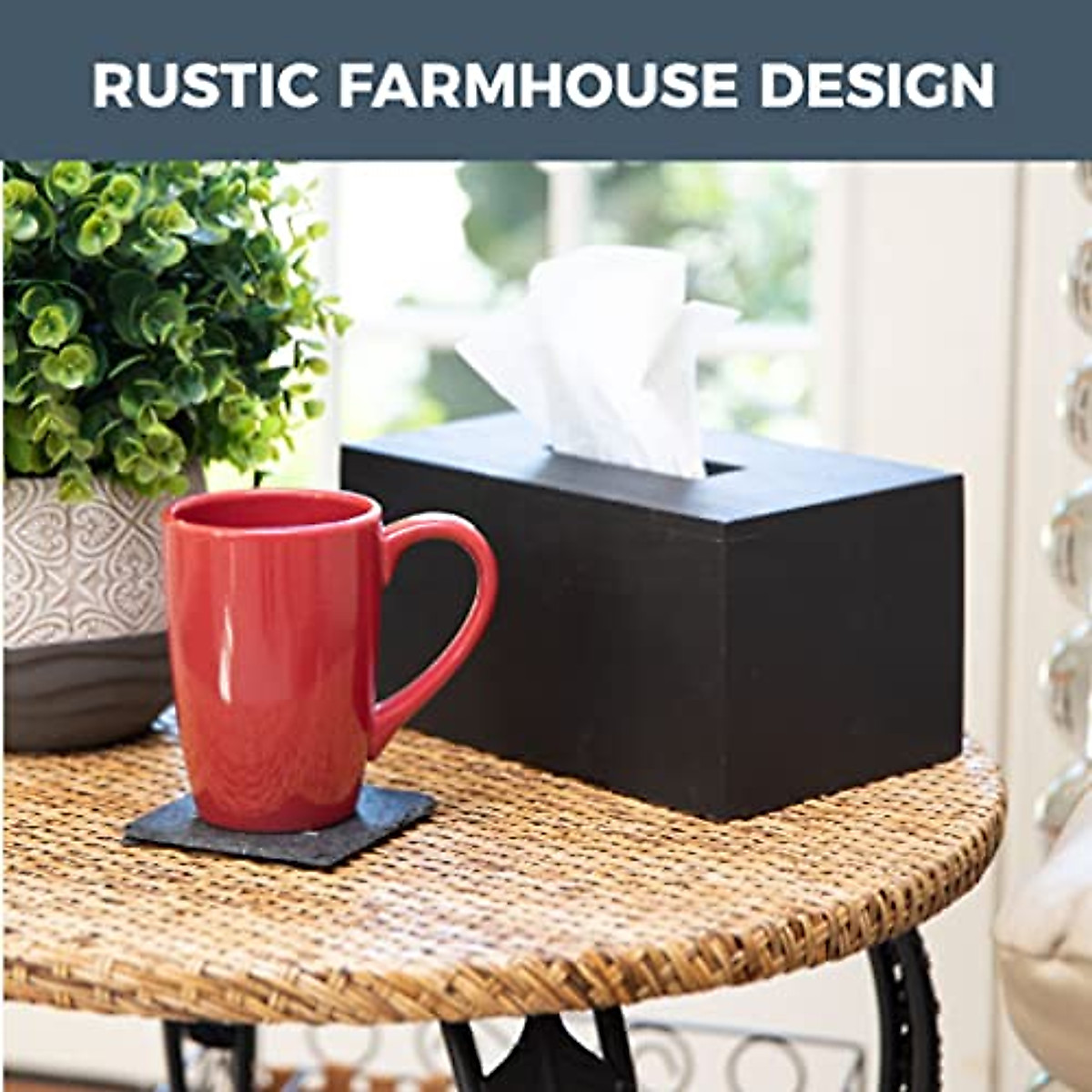 Crutello Rustic Farmhouse Tissue Box Cover - Wooden Black Rectangular Tissue Holder Easy to Refill - 5” x 9“