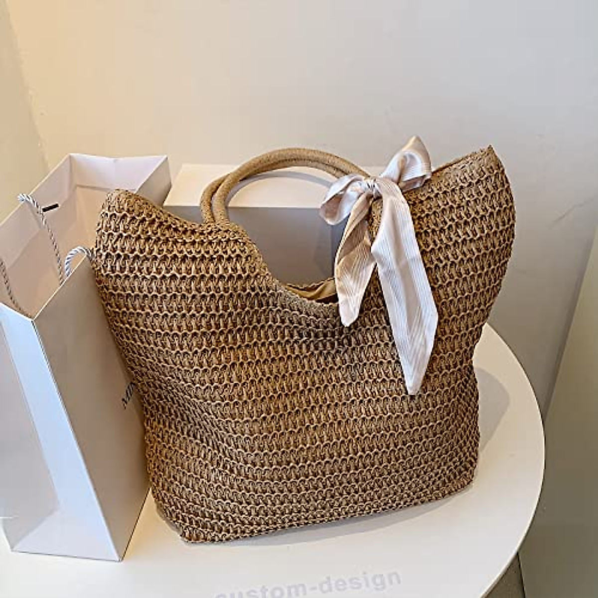QTKJ Summer Beach bag, Handwoven Straw Bag, Soft Large Beach Tote Boho Beach Shoulder Hand Bag, Woven Bag for Women Vacation Travel, Daily(Khaki)