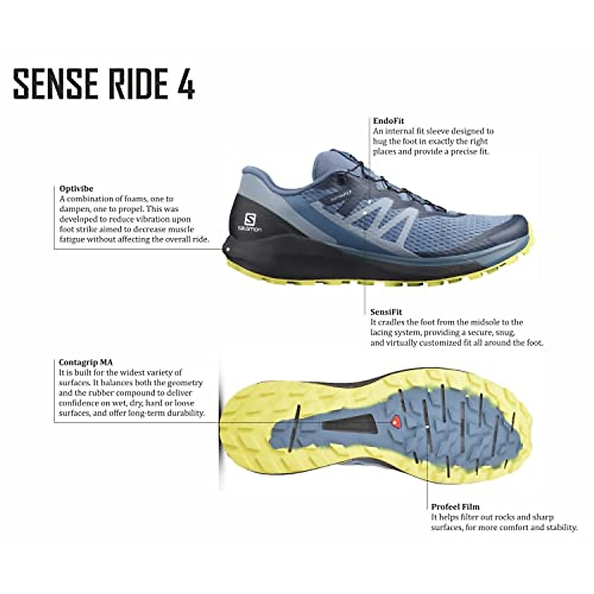 Salomon Sense Ride 4 Trail Running Shoes for Men, Black/Goji Berry/Phantom, 11