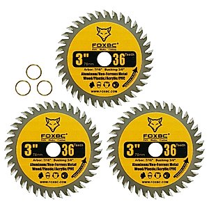 FOXBC 3 Inch Carbide Circular Saw Blade 36 Tooth for Wood, Plastic, PVC, Acrylic, Aluminum with 7/16" Arbor, 3/8" Bushing - 3 Pack