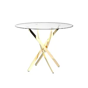 39" Round Dining Table for 6, Glass Kitchen & Dining Room Tables, Modern Circle Dining Room Table with 0.39" Tempered Glass Tabletop and Cross Stainless Steel Legs for Dinner Small Spaces (Gold Leg)