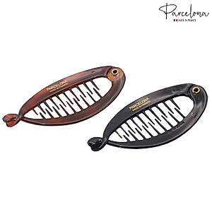 Parcelona French Effortless Mini Small Pair of Brown Tortoise Shell N Black Banana Hair Clip for Fine Hair