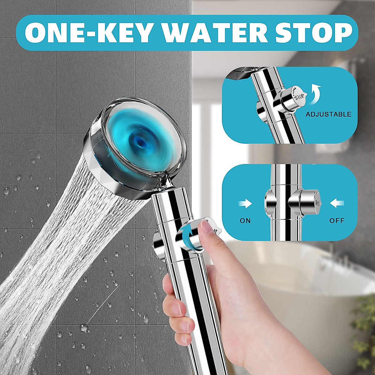 Handheld Shower Head, Kiyaosoka High Pressure Shower Heads Turbo Fan 360 Degrees Rotating, Hydro Jet Shower Head with 3 Filters Turbocharged Showerhead (Blue)