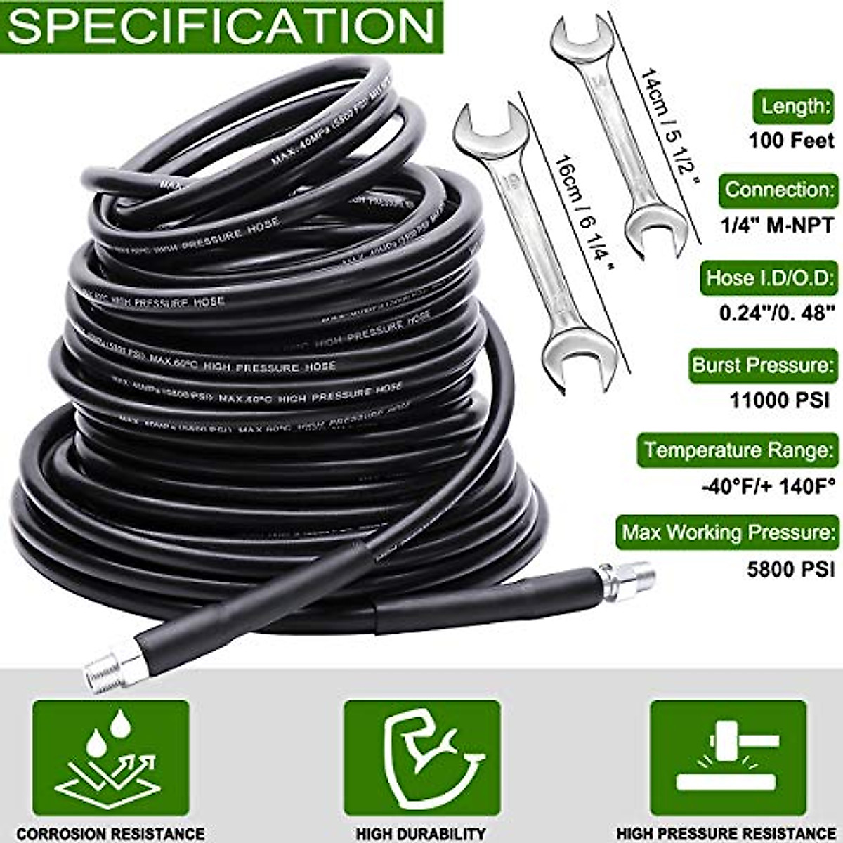 WEST BAY Sewer Jetter Kit 100FT for Pressure Washer, 5800PSI Drain Cleaner Hose 1/4 Inch NPT Corner Rotating and Button Nose Sewer Jetting Nozzle Spanner Waterproof Tape Pearl Corsage Pin