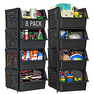 Skywin Plastic Stackable Storage Bins for Pantry - Stackable Bins For Organizing Food, Kitchen, and Bathroom Essentials (Black - 8 Pack)
