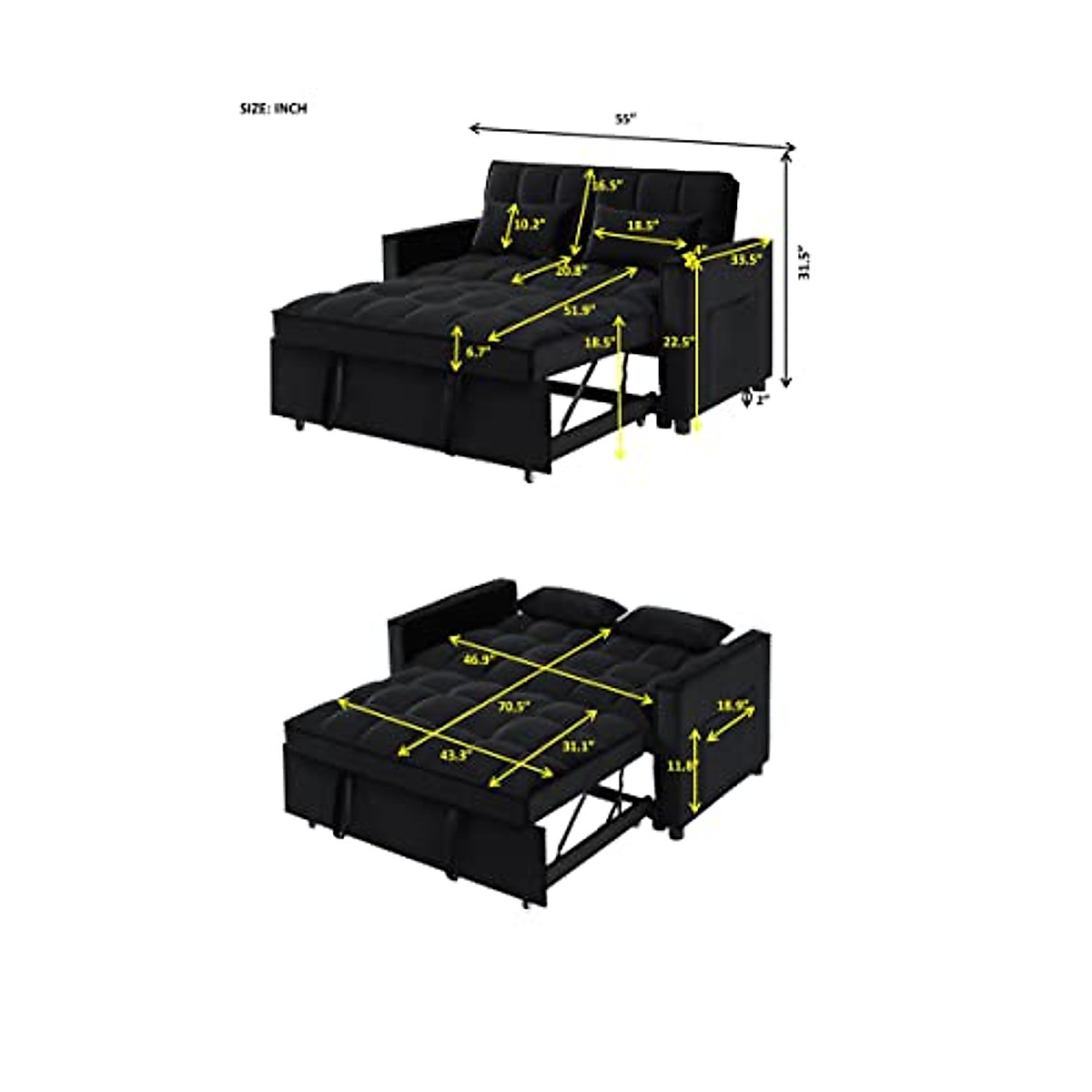 P PURLOVE Modern Velvet Convertible Loveseat Sleeper Sofa Couch with Adjustable Backrest, 2 Seater Sofa with Pull-Out Bed with Side Pocket,2 Pillows for Small Living Room & Apartment