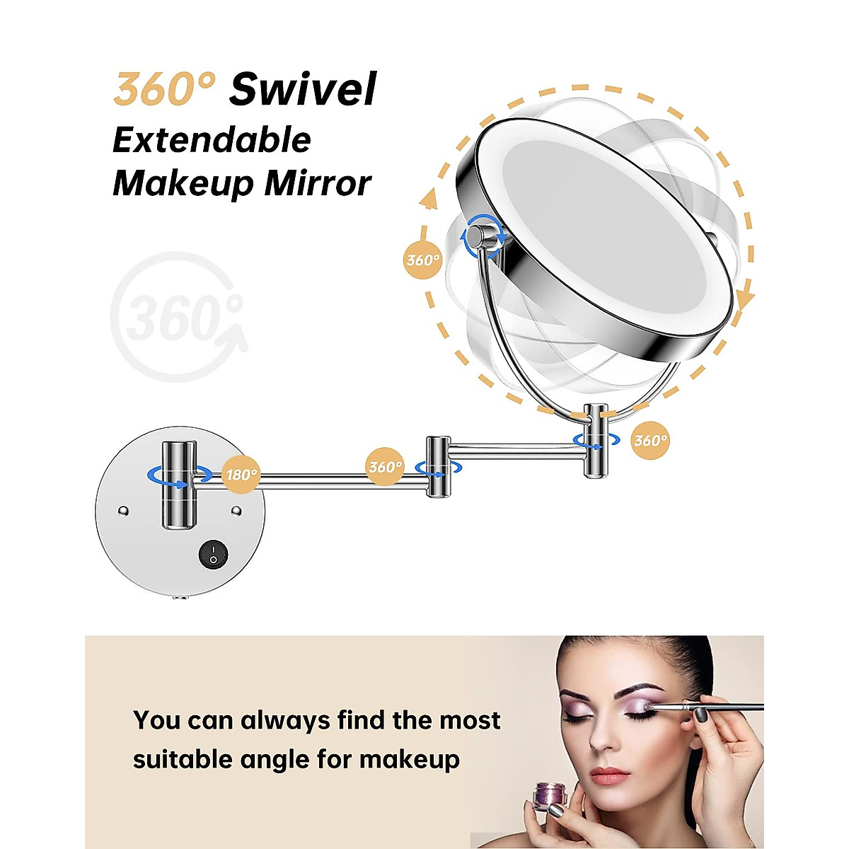 Gospire 8.5" Wall Mounted Lighted Magnifying Mirror, 1X/10X Double-Sided Magnification Round LED Cosmetic Vanity Bathroom Mirror Extendable Arm 360° Swivel for Shaving Makeup