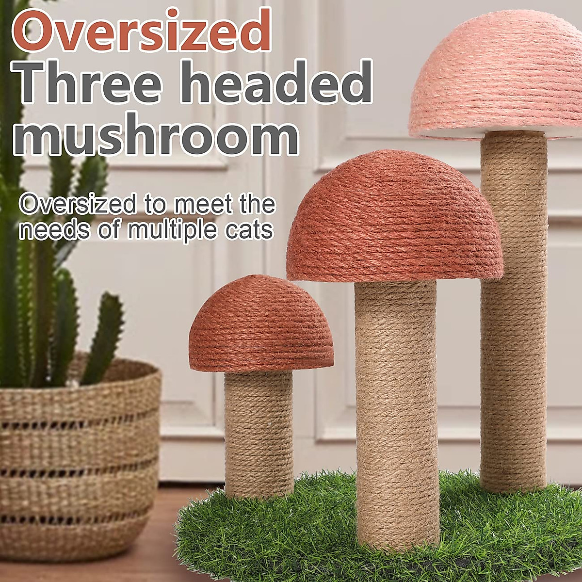 PowerKing Cat Scratching Post, Mushroom Claw Scratching Post for Cat, Natural Sisal Cat Scratchers with 3 Mushroom Pole, Cat Interactive Toys