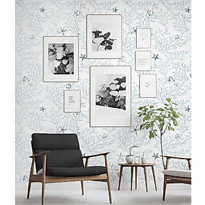 Akywall Ocean Wallpaper Peel and Stick White and Blue Contact Paper Textured Sea Coral Starfish Shells Self Adhesive Vinyl Roll Stick on Wallcovering Cute for Home Decor 78.7in