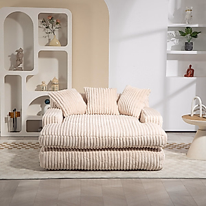 Anwick Oversized Chaise Lounge Chair Indoor, Corduroy Sleeper Loveseat Sofa with 3 Pillows and Armrest for Living Room Office, Double Cushion, No Assembly (Beige)