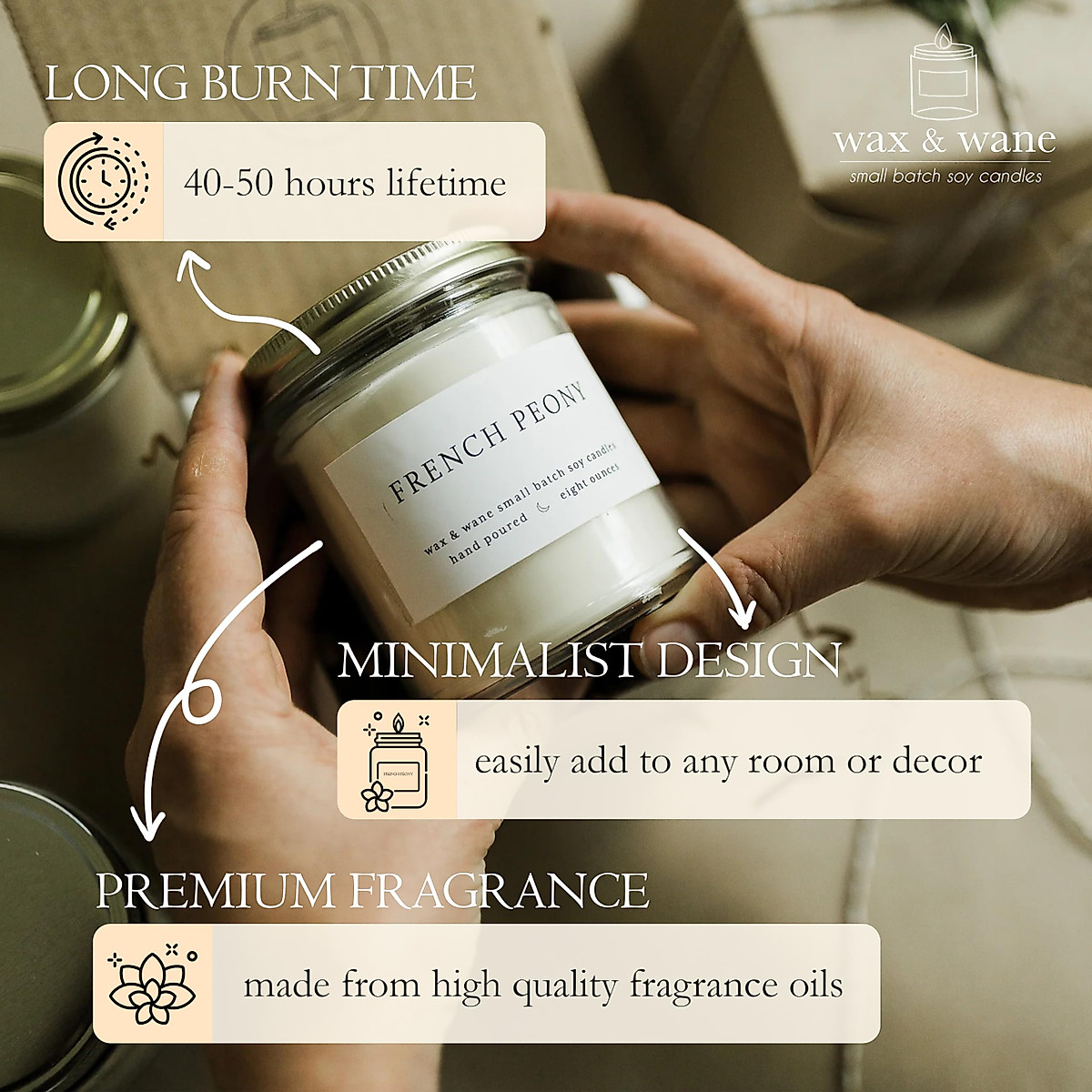 Wax & Wane French Peony Modern 8oz Handmade Candle For Men and Women - Long Burning 40+ Hours Candles For Home, Bedroom, and Bathroom - 100% Natural Soy Candles Made in the USA